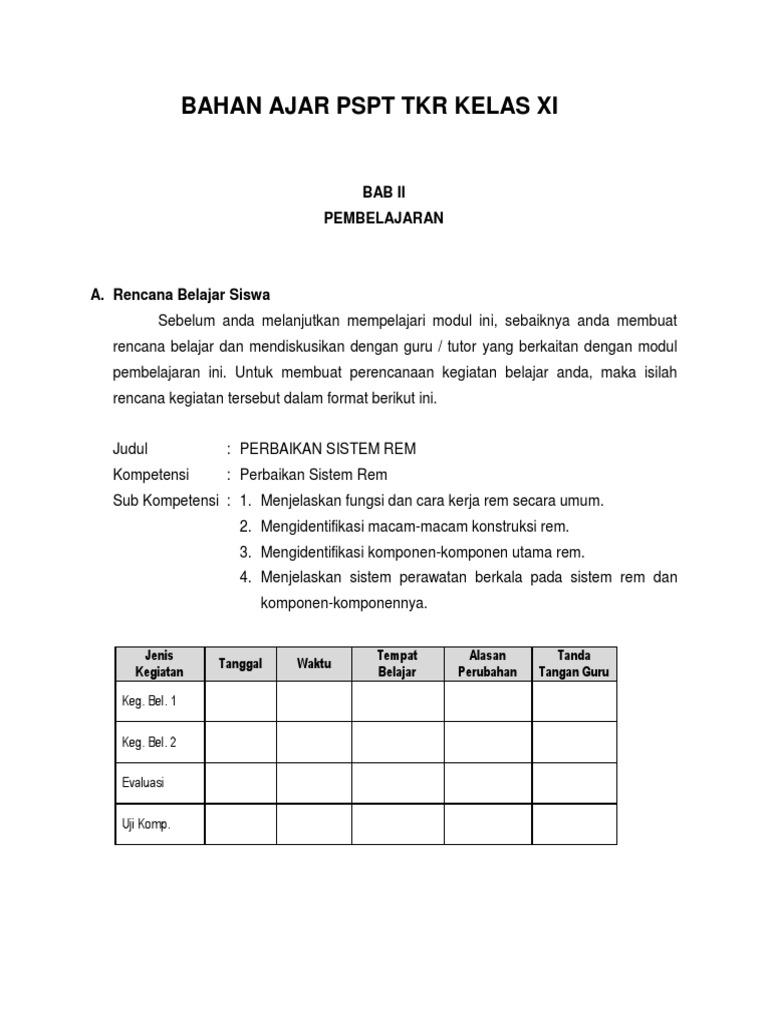 Bahan Ajar PSPT TKR Kelas Xi | PDF