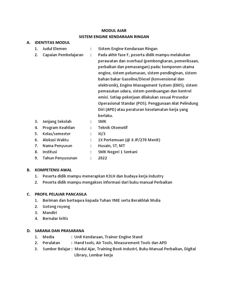 Modul Ajar Sistem Engine Kendaraan Ringan Kelas XI | PDF Modul Ajar Sistem Engine Kendaraan Ringan Kelas XI | PDF