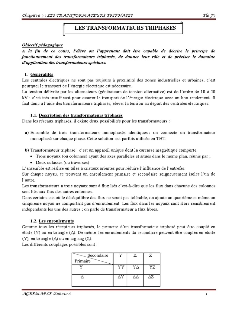 Fonctionnement des Transformateurs Triphasés | PDF | Transformateur ...