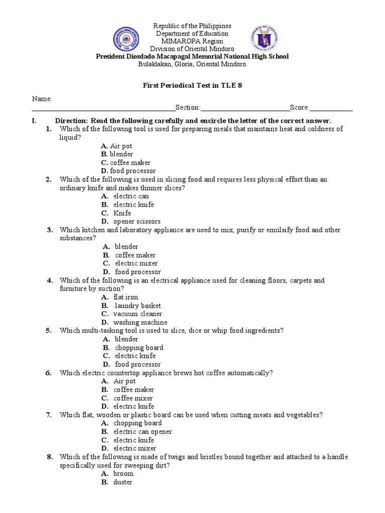 Caregiving Periodical Test | PDF | Food Processor | Thermometer