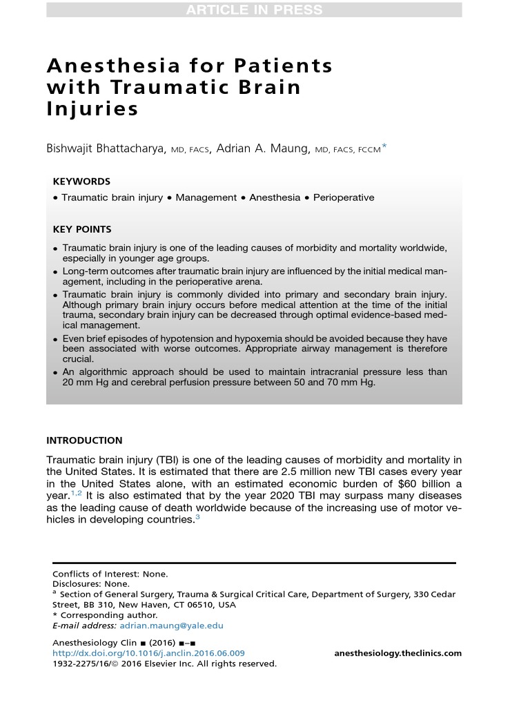 Anesthesia Management in TBI Cases | PDF | Traumatic Brain Injury ...