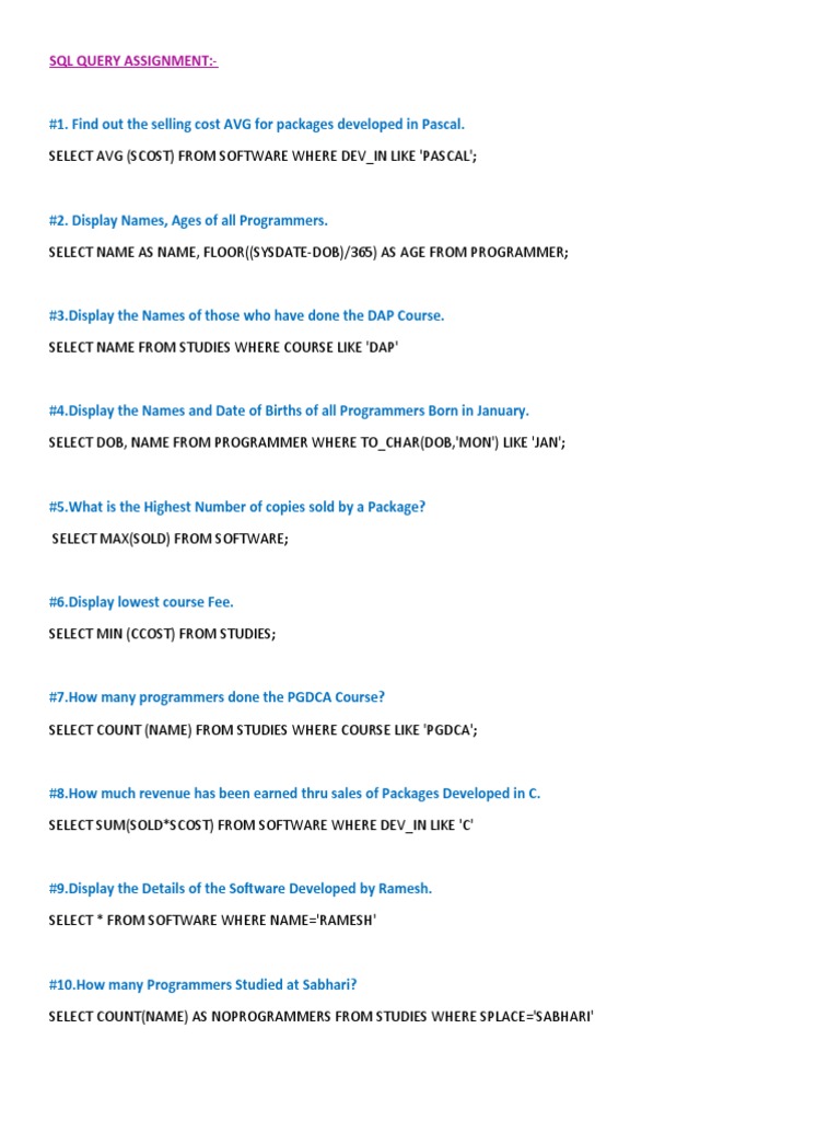 SQL Query Assignment | PDF | Salary | Programmer