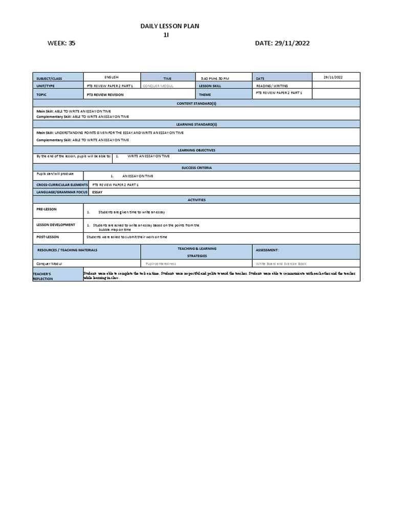 Writing an Essay on Time: A Daily English Lesson Plan Focusing on PT3 Review Revision | PDF ...