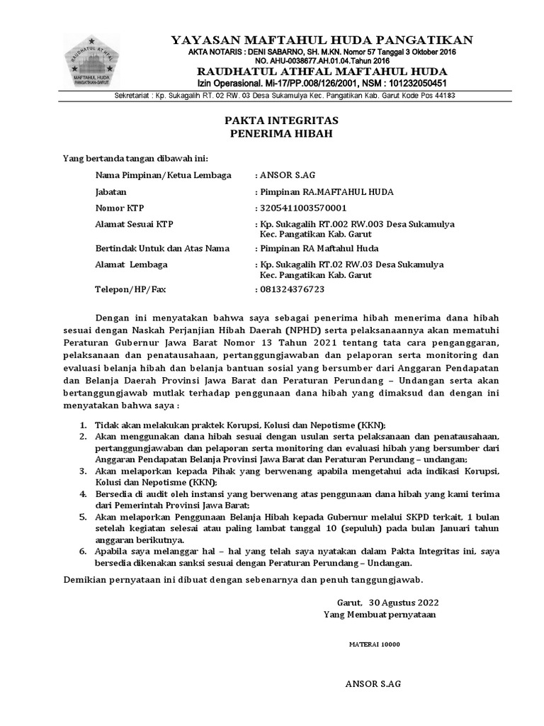 Template Pakta Integritas | PDF