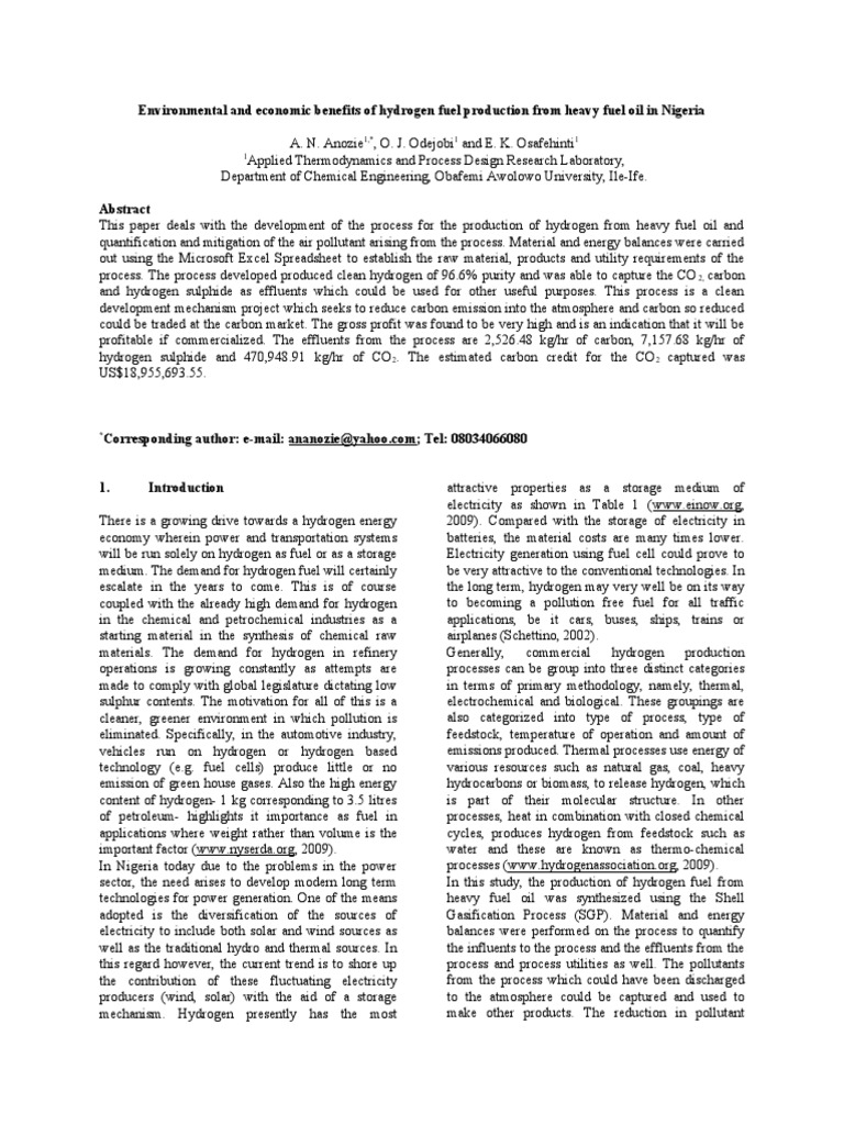 Hydrogen Fuel Production from Heavy Oil | PDF