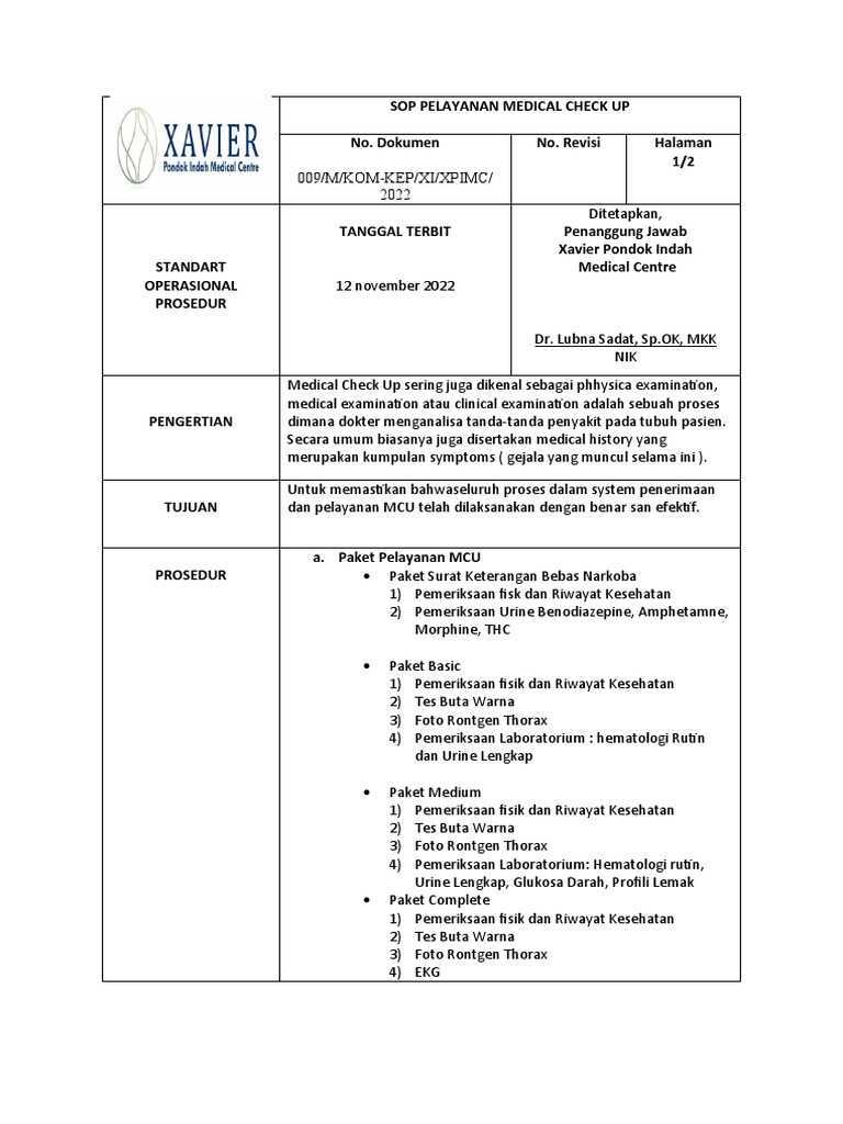 SOP Medical Check Up | PDF