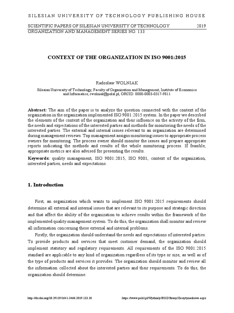 Context of The Organization in Iso 9001-2015 | PDF | Cost Of Living ...