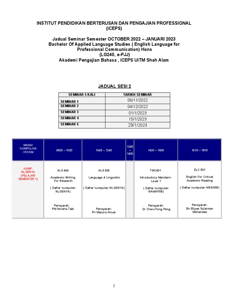 Jadual Lg240 Semester 20224 | PDF