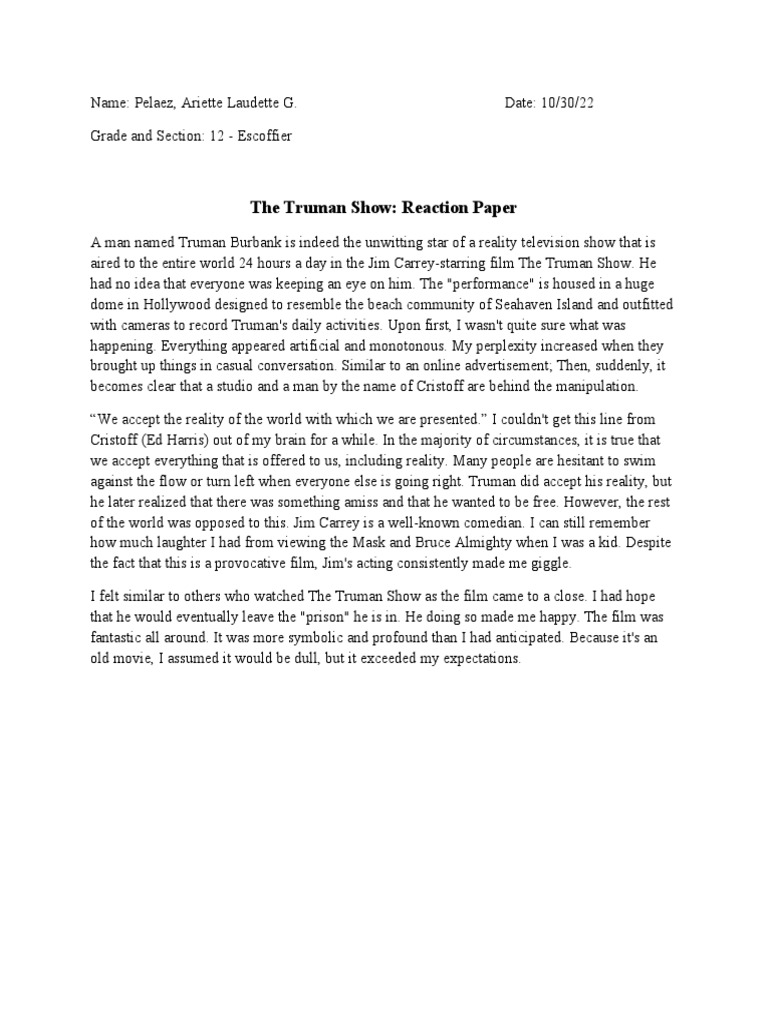 The Truman Show: Insightful Reaction Paper | PDF