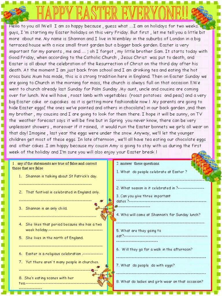 Happy Easter Reading Comprehension Reading Comprehension Exercises ...