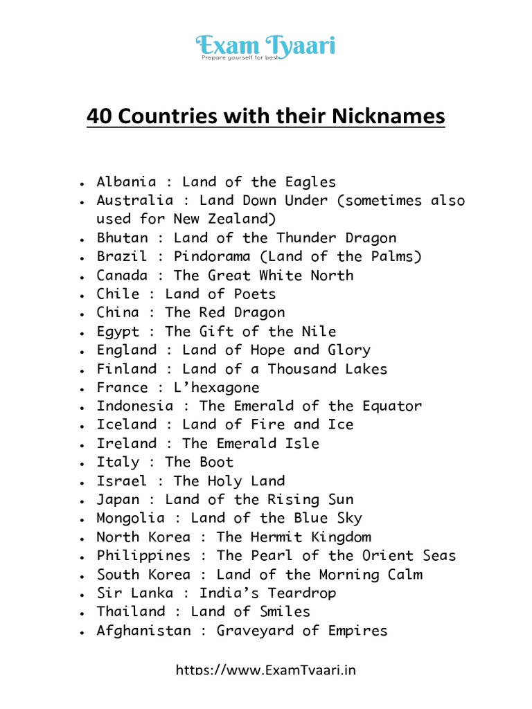 40 Countries With Their Nicknames | PDF