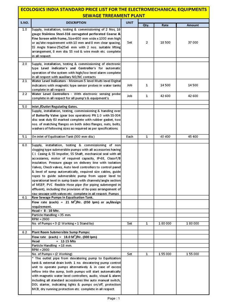 Price List and Equipment Specifications for a Sewage Treatment Plant ...