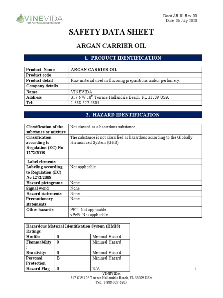Argan Carrier Oil Sds | PDF | Occupational Safety And Health | Chemistry