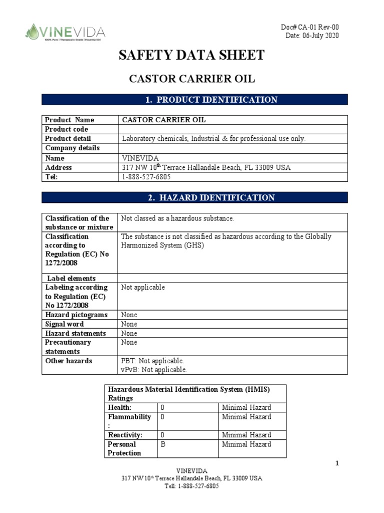 Castor Carrier Oil Sds | PDF | Chemistry | Safety
