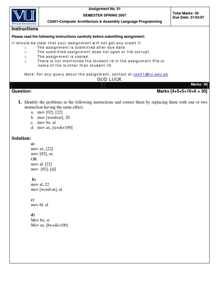 Computer Architecture and Assembly Language Programming - CS401 Spring 2007 Assignment 01 ...