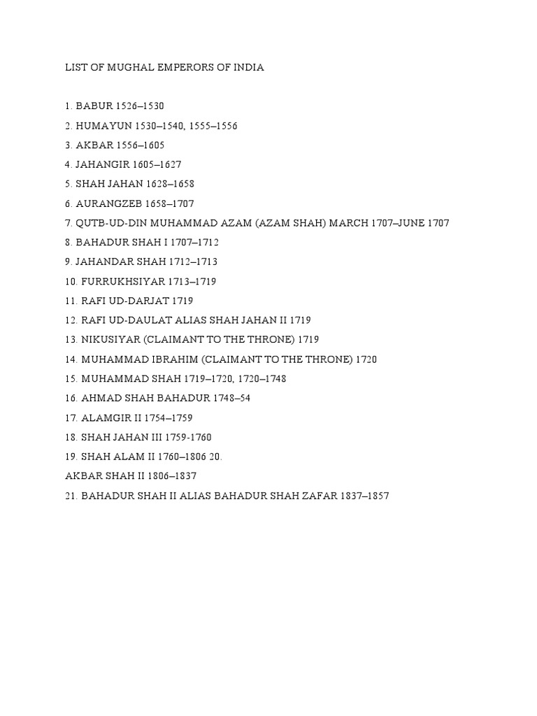 List of Mughal Emperors of India | PDF