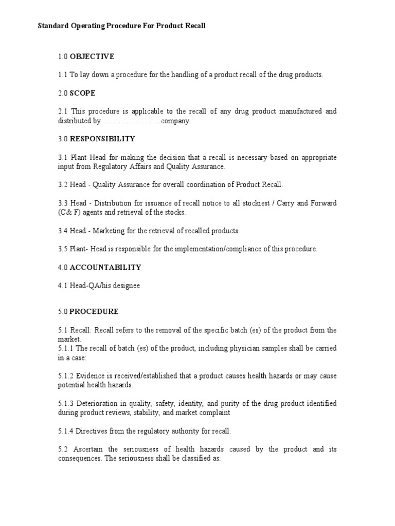 Standard Operating Procedure For Product Recall | PDF | Quality Assurance | Business