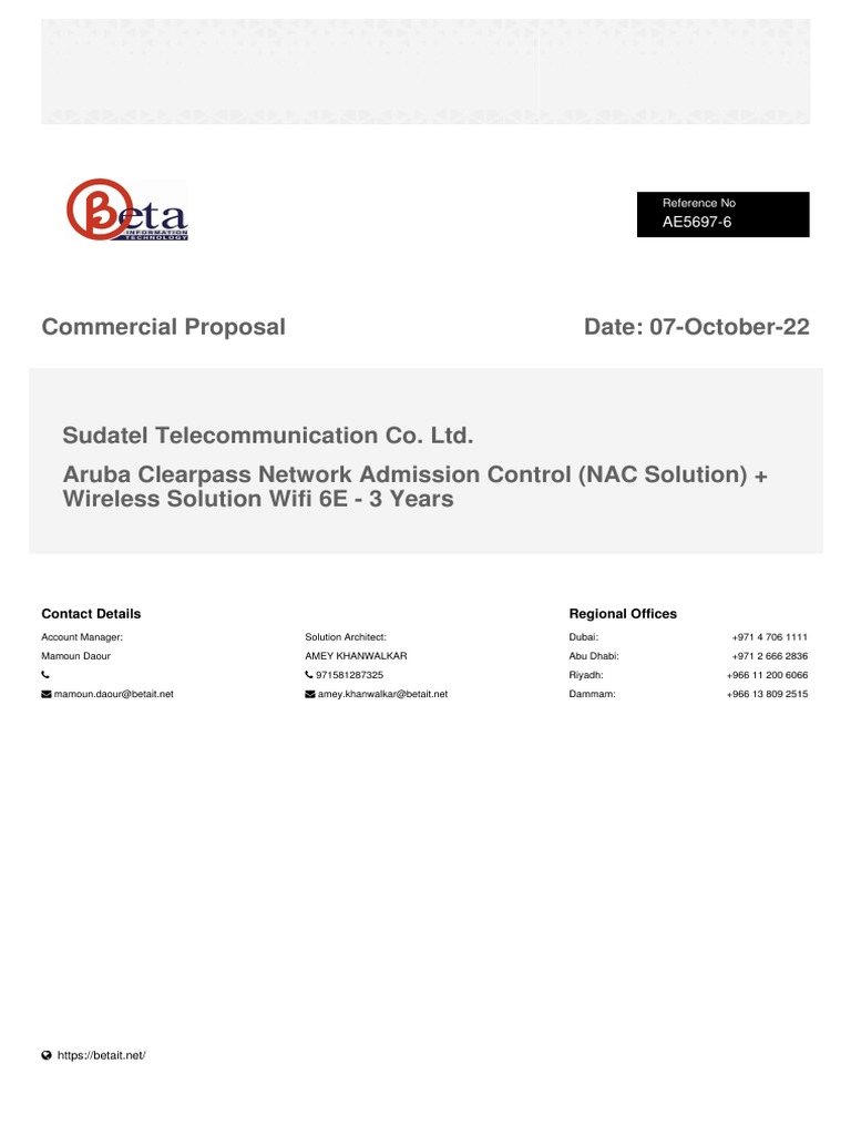 Aruba NAC & WiFi 6E Proposal for Sudatel | PDF | Computer Network | Telecommunications
