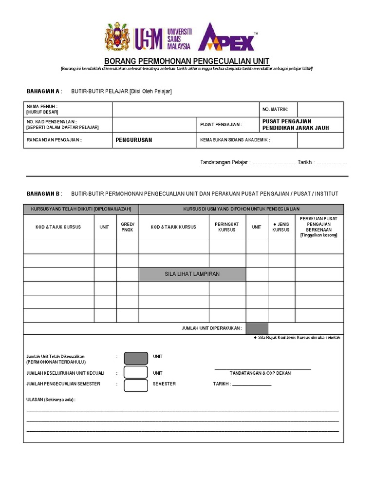 Borang Permohonan Pengecualian Unit - PENGURUSAN | PDF