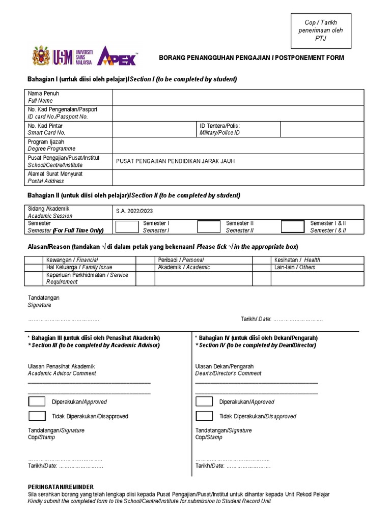 Borang Penangguhan Pengajian S.A. 2022-2023 | PDF