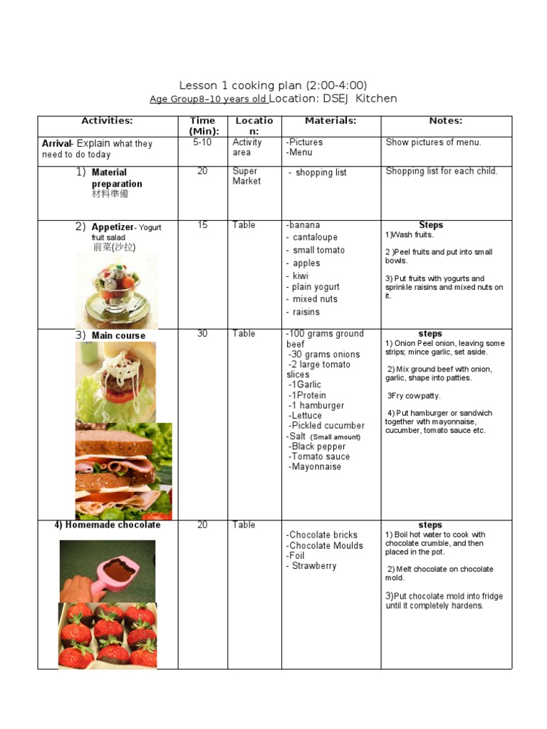 Kids Cooking Lesson Plan: Ages 8-10 | PDF