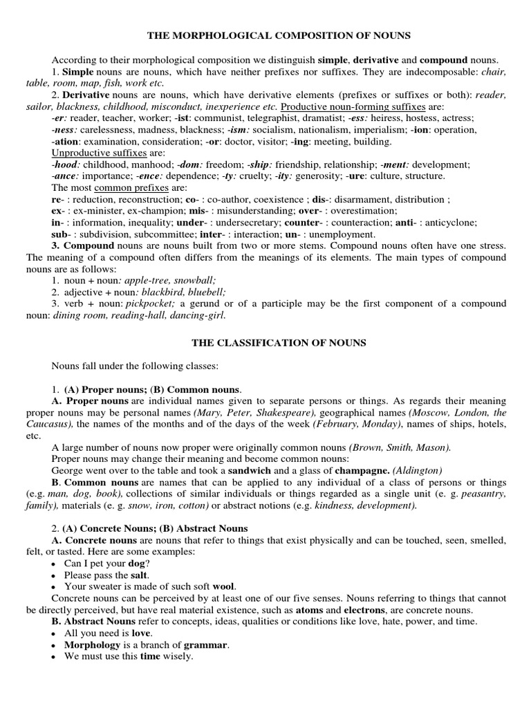 The Morphological Composition and Classification of Nouns | PDF ...