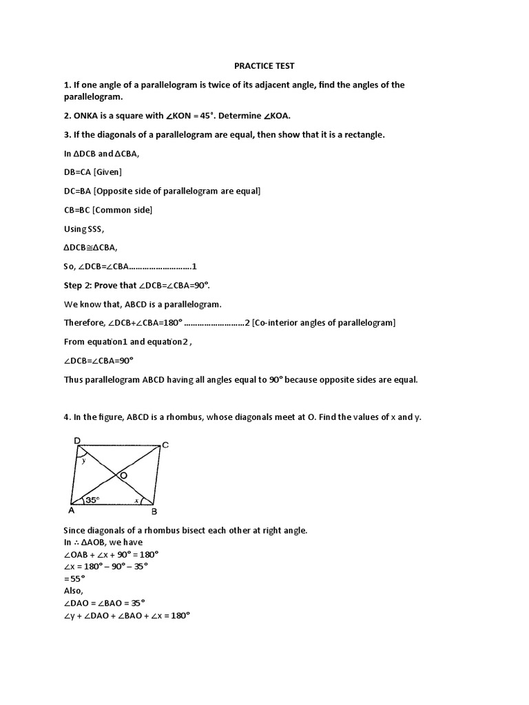 Class9 Practice Test Quadrilaterals | PDF | Rectangle | Geometry