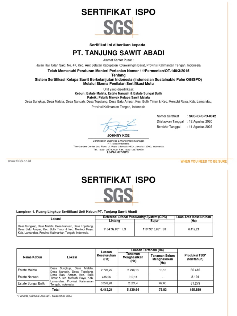Sertifikat ISPO PT Tanjung Sawit Abadi | PDF