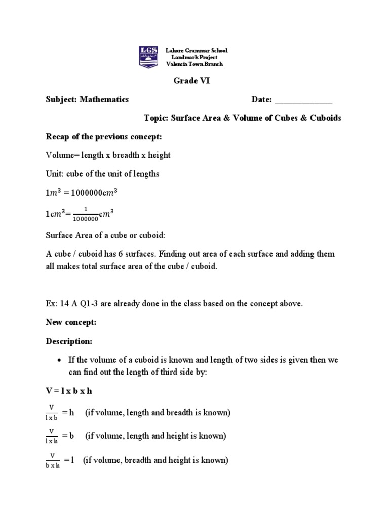 Grade-6 Maths Volume & Surface Area | PDF | Volume | Area