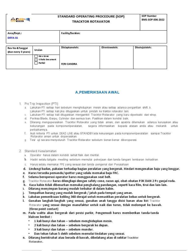 6.BMS SOP EQ 006 Tracktor Rotavator | PDF