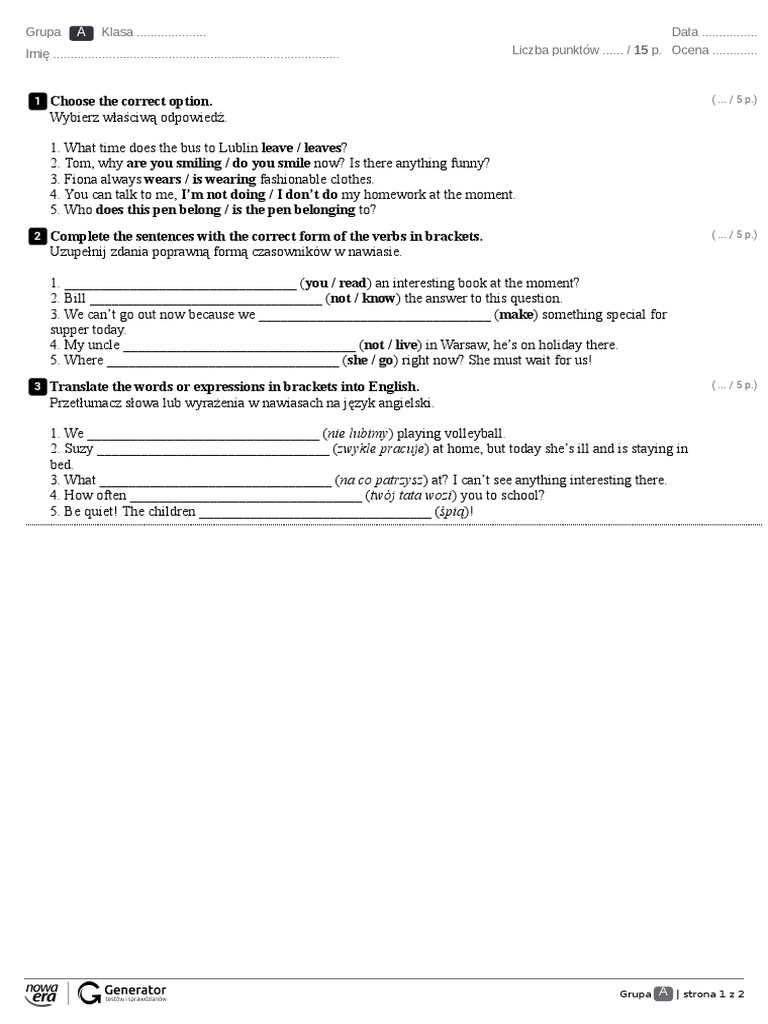 Unit 1 Short Test Grammar - Lesson 2, 3 Test - Ekowydruk | PDF ...