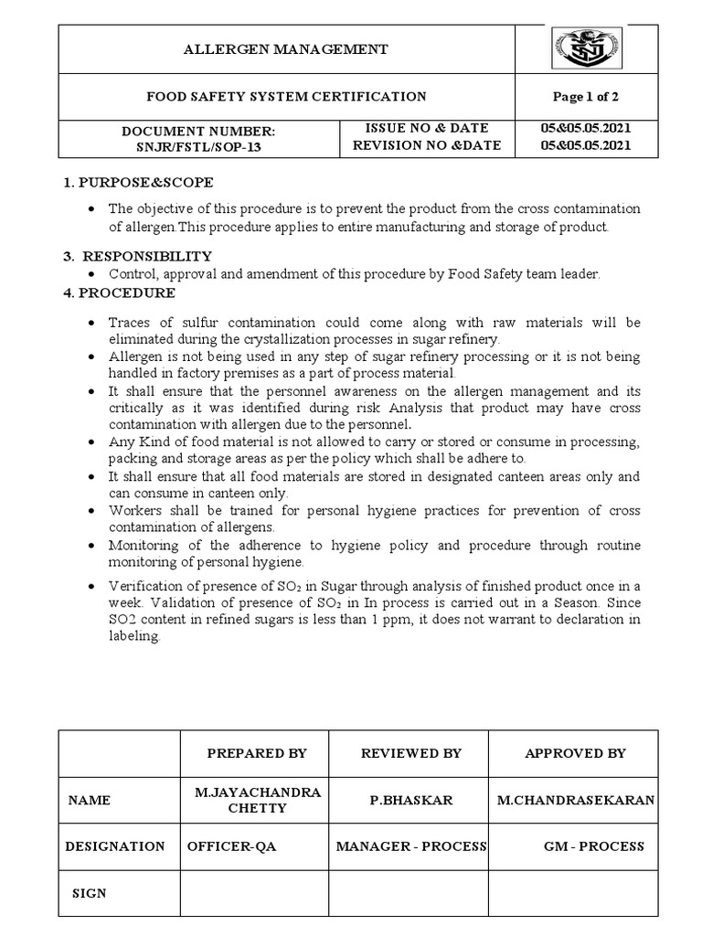 13-FSTL-SOP-13-Allergen Management | PDF | Food Safety | Sulfur Dioxide