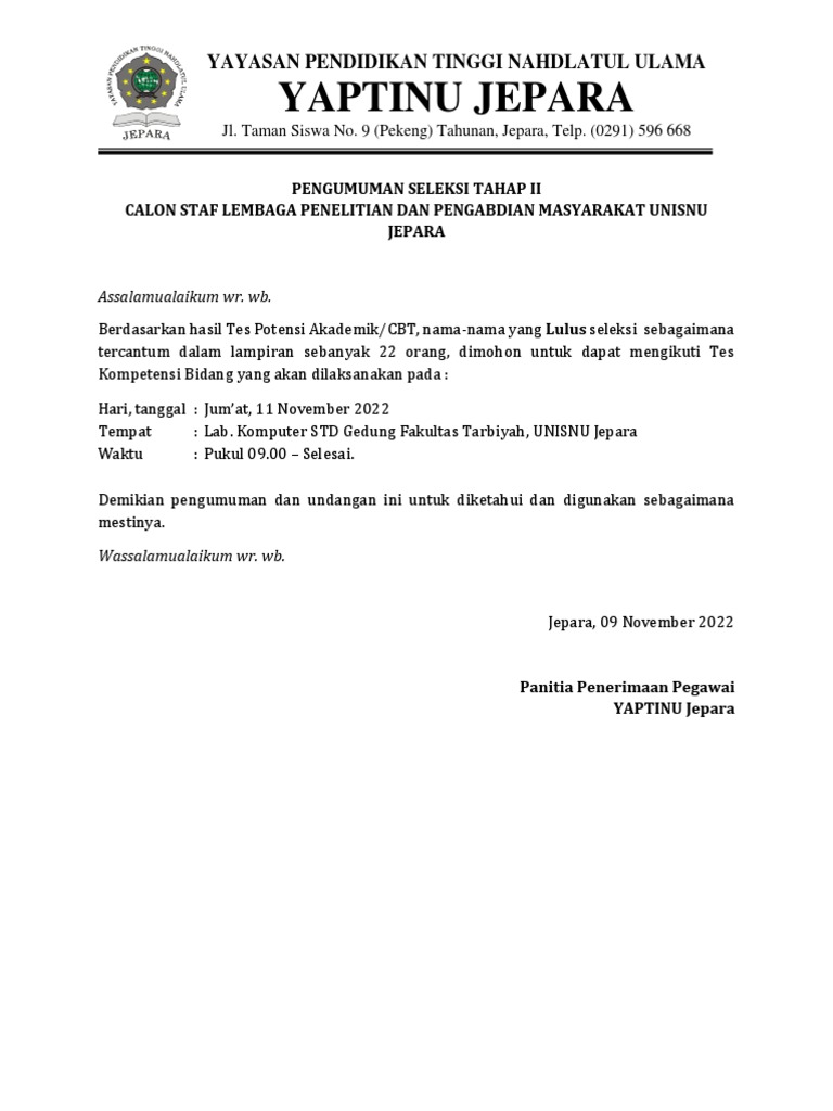 Pengumuman Seleksi Tahap 2 Calon Staf LPPM Unisnu | PDF