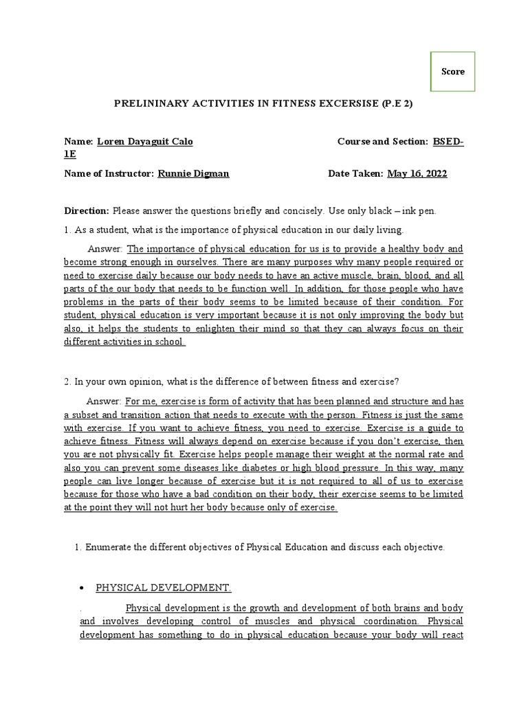 Prelim Activities in P.E 2 | Download Free PDF | Physical Fitness ...