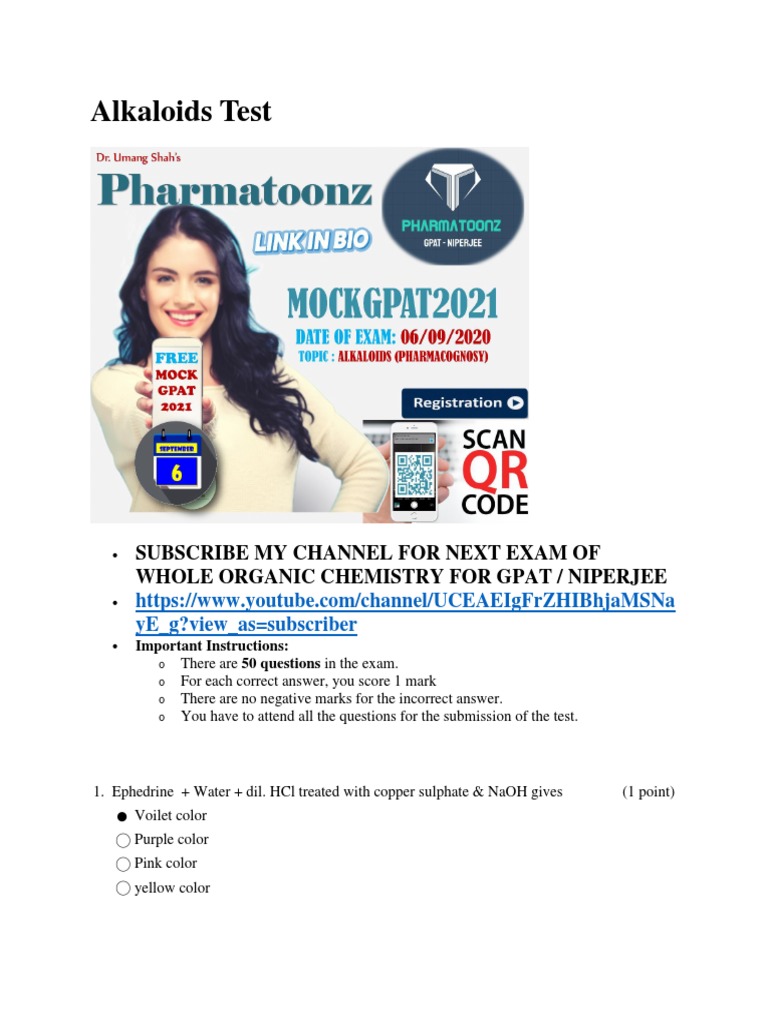 GPAT Alkaloids Mock Test Questions | PDF | Alkaloid | Organic Compounds