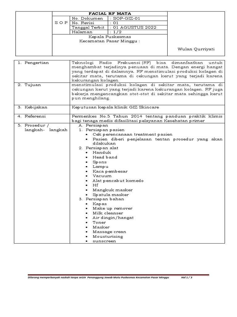 Sop Facial RF Mata | PDF