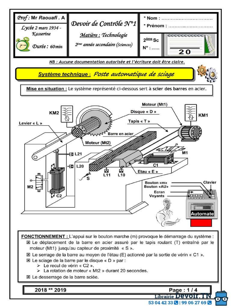 Devoir de Contrôle N°1 Poste Automatique de Sciage 2018 2019 (MR Raouafi Abdallah) | PDF