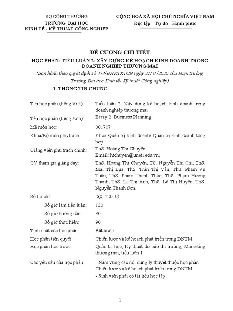 51.1. Tiểu luận 2 - Xây dựng kế hoạch kinh doanh trong DNTM - KDTM | PDF