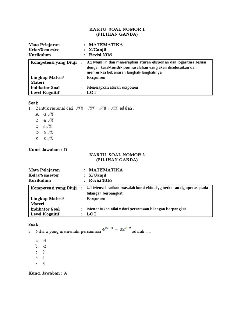 KARTU SOAL Matematika | PDF