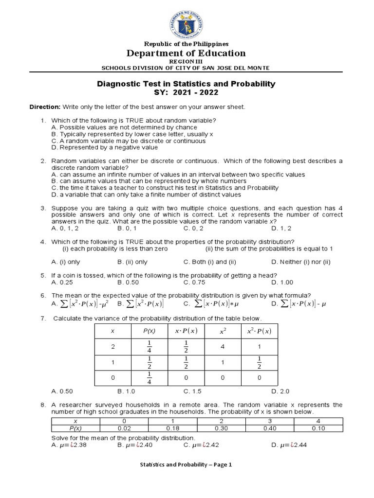 Diagnostic Test in Statistics and Probability Latest Edited | PDF