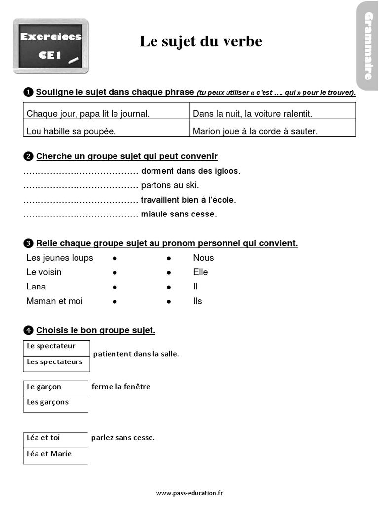 Exercices Révisions Sur Le Sujet Du Verbe Au Ce1 | PDF