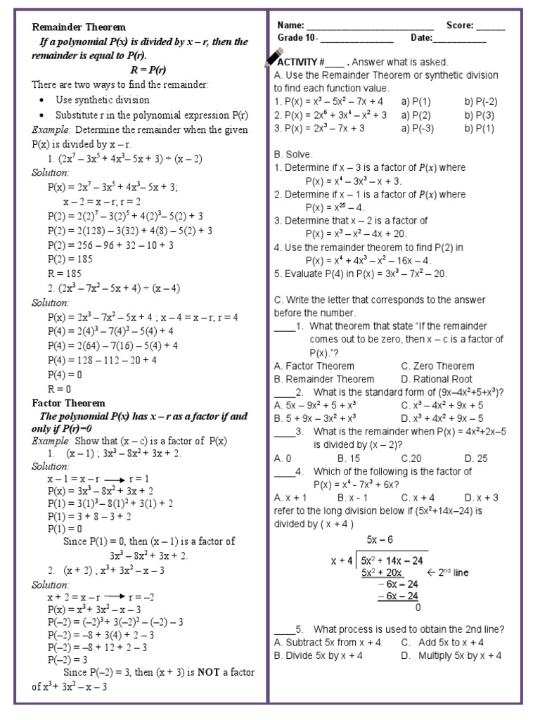 Remainder and Factor Theorem | PDF