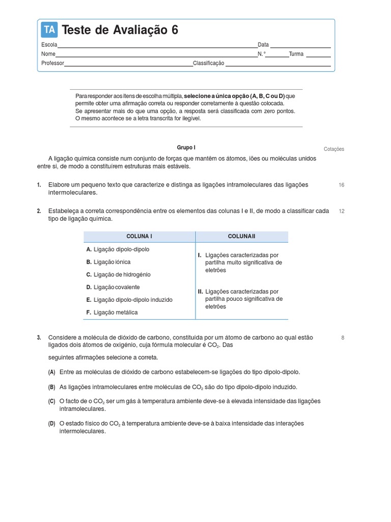 Eq10 Dossie Prof Teste Avaliacao 6 Enunciado | PDF