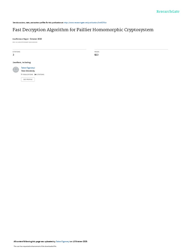 Fast Decryption Algorithm For Paillier Homomorphic Cryptosystem | PDF