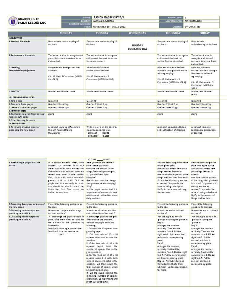 DLL - Mathematics 5 - Q2 - W2 | PDF | Subtraction | Learning