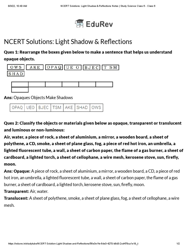 NCERT Solutions - Light Shadow & Reflections Notes - Study Science ...