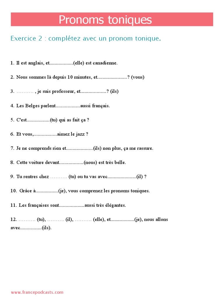 Pronoms Toniques Exercice 2 Et Corrigé | PDF