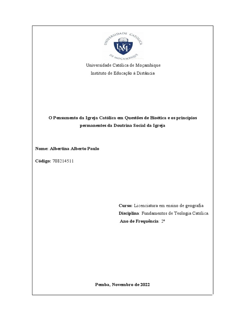 O Pensamento Da Igreja Católica Em Questões De Bioética E Os Princípios