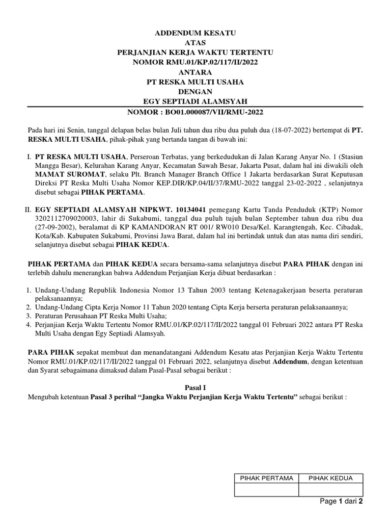 Addendum Kontrak | PDF
