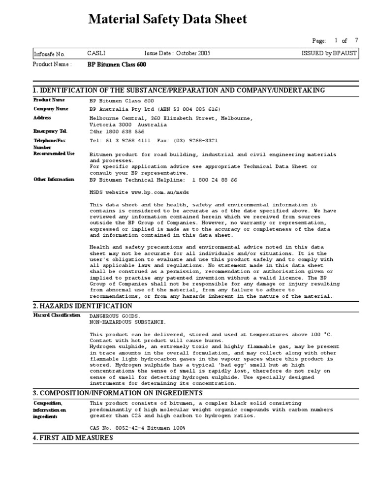 Bitumen Ref 4360 BP Bitumen Class 600 | PDF | Dangerous Goods | Combustion
